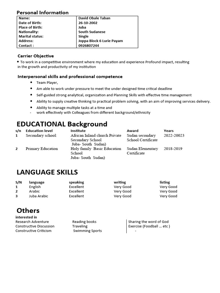 C.V David Taban | PDF