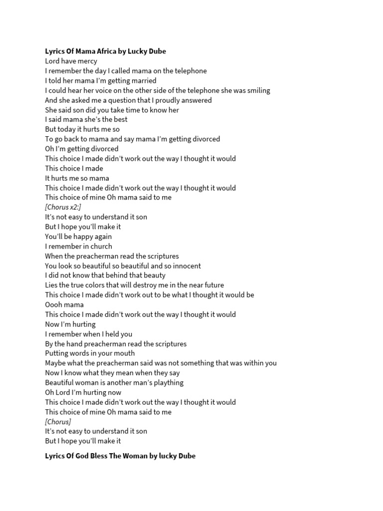 Lyrics of Lucky Dube's "Mama" | PDF | Religion & Spirituality | Poetry
