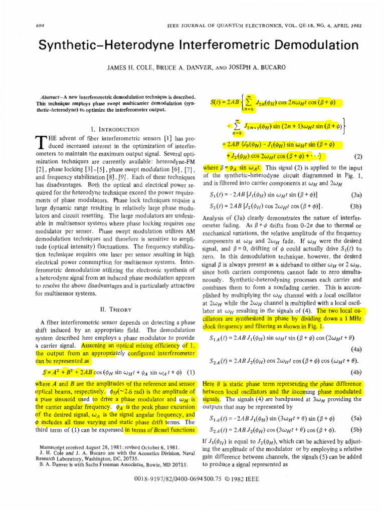 IEEE 1982 Synthetic-Heterodyne Interferometric Demodulation | PDF ...