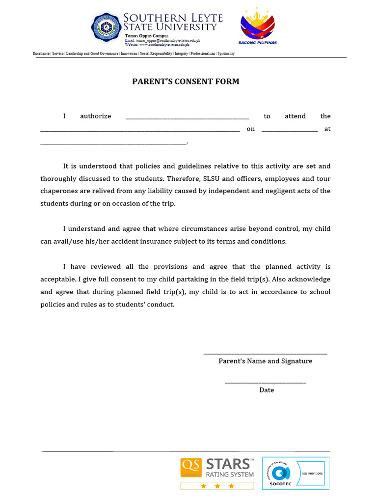 Parent's Consent Form for Field Trip | PDF