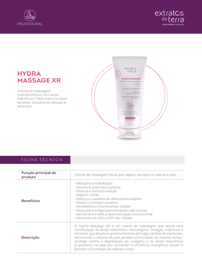 Ficha Técnica de Produto - Hydra Massage - Creme de Massagem Facial | PDF | Antioxidante | Vitamina