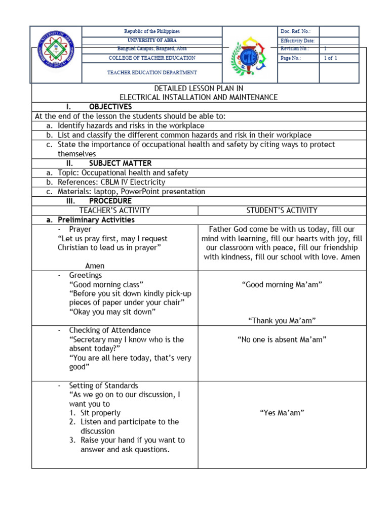 Electrical Safety Lesson Plan | PDF | Hazards | Occupational Safety And ...
