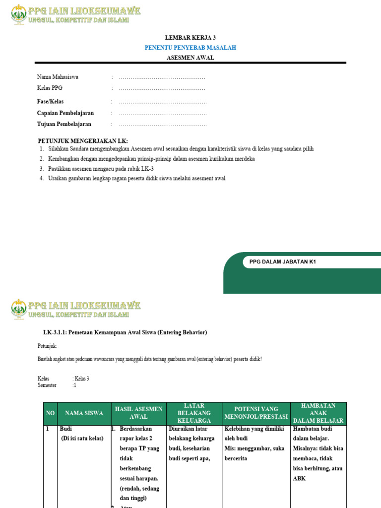 LK 3 - Penyusunan Instrumen Asesmen Awal Formatif Dan Sumatif (K1) | PDF