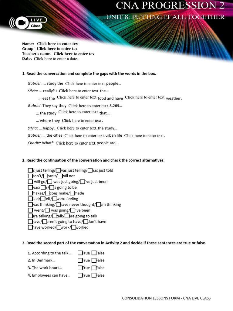 CNA Live Class - Intermediate 2 - CNA Progression 2 - Activity Book - Unit 8 | PDF