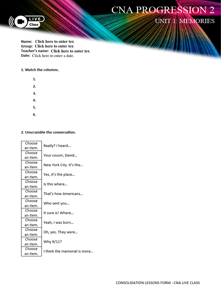 CNA Live Class - Intermediate 2 - CNA Progression 2 - Activity Book - Unit 1 | PDF | Cognition ...