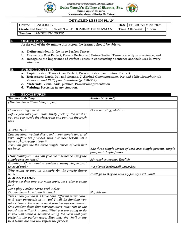 ENGLISH LESSON PLAN | PDF | Perfect (Grammar) | Grammatical Tense
