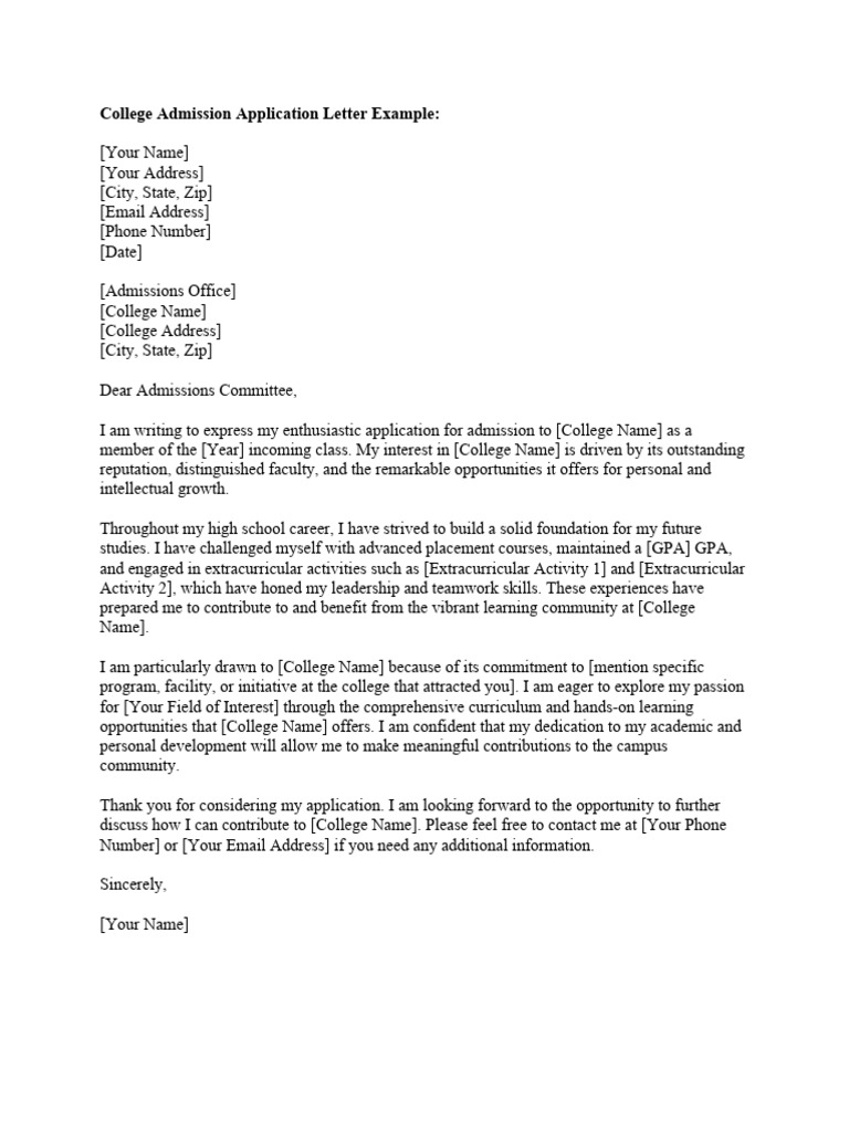 College Admission Application Letter Example | PDF | Behavior ...