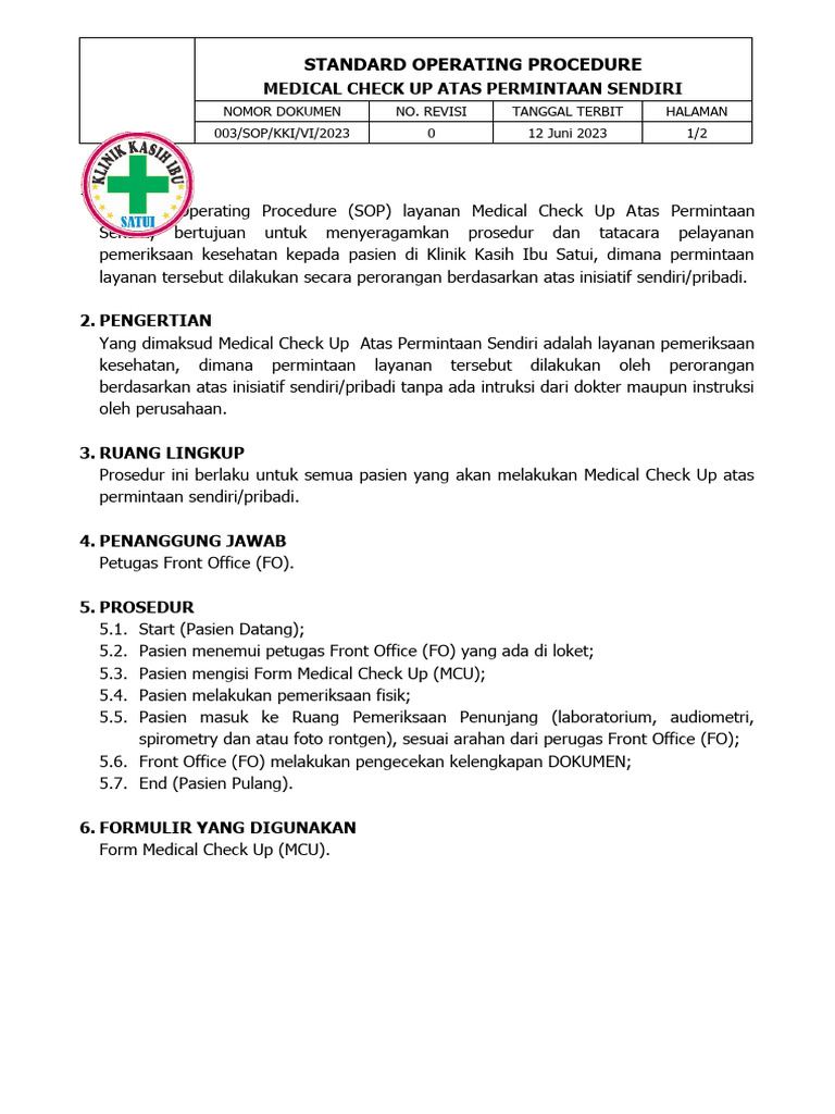 SOP Medical Check Up Mandiri | PDF