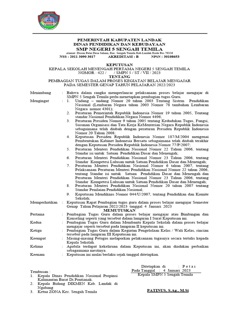 SK PEMBAGIAN TUGAS SMTR GENAP 2022-2023 | PDF