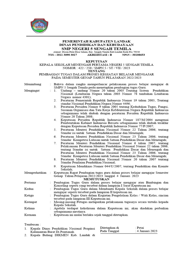 SK PEMBAGIAN TUGAS SMTR GENAP 2022-2023 - 1 | PDF