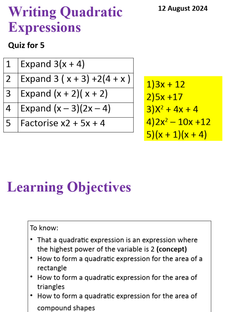 2.3S Writing Quadratic Expressions | PDF | Area | Rectangle