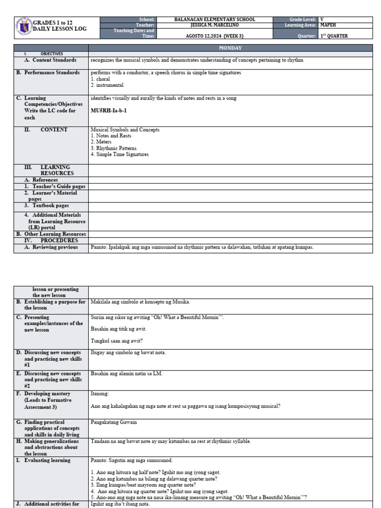 DLL_MAPEH 5_Q1_W3-D1 | PDF | Teaching | Cognition
