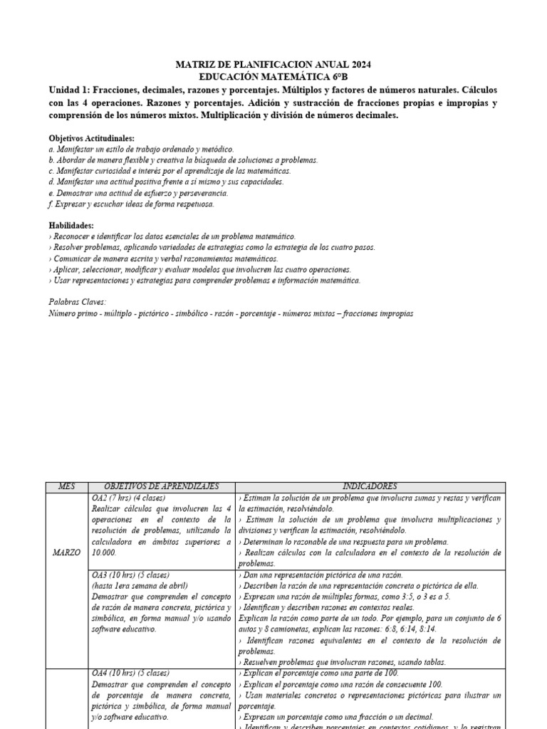 Matriz de Planificacion Anual 2024 - 6°b | PDF | Ecuaciones | Números
