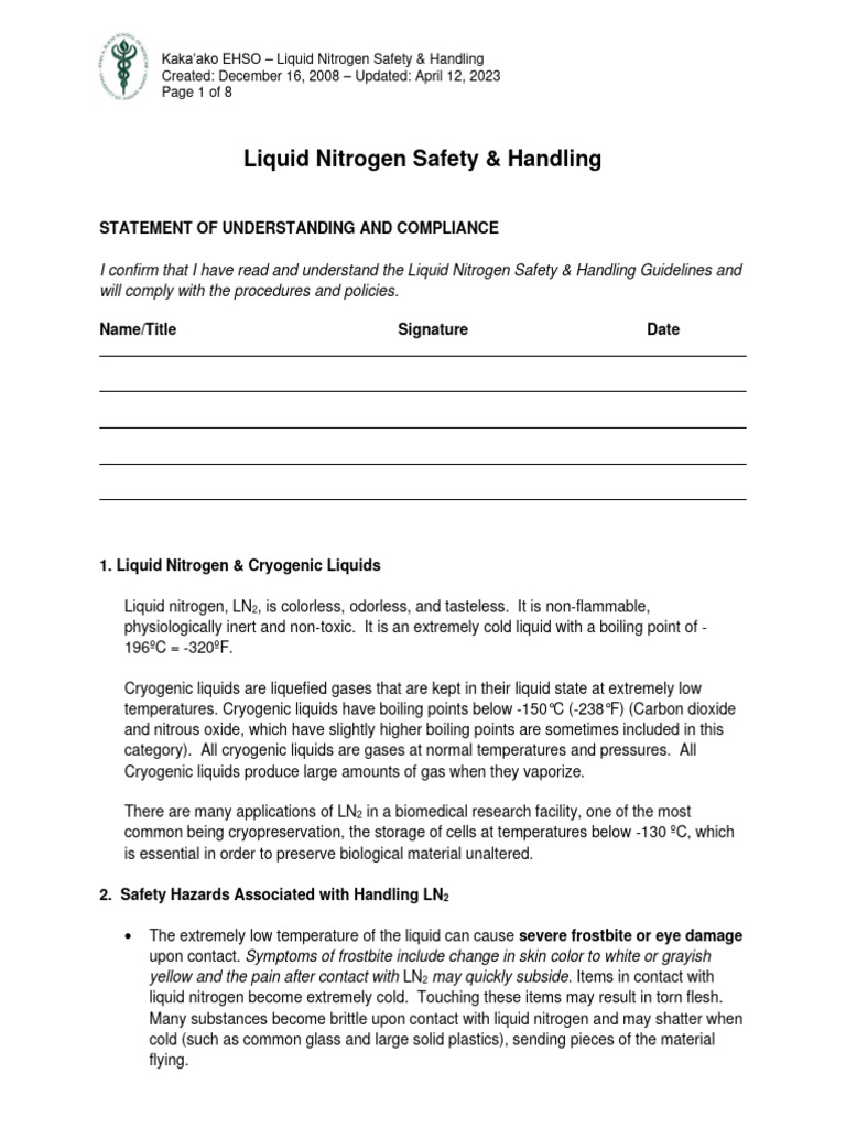 Liquid Nitrogen Safety - Updated April 2023 Accessible | PDF | Nitrogen ...
