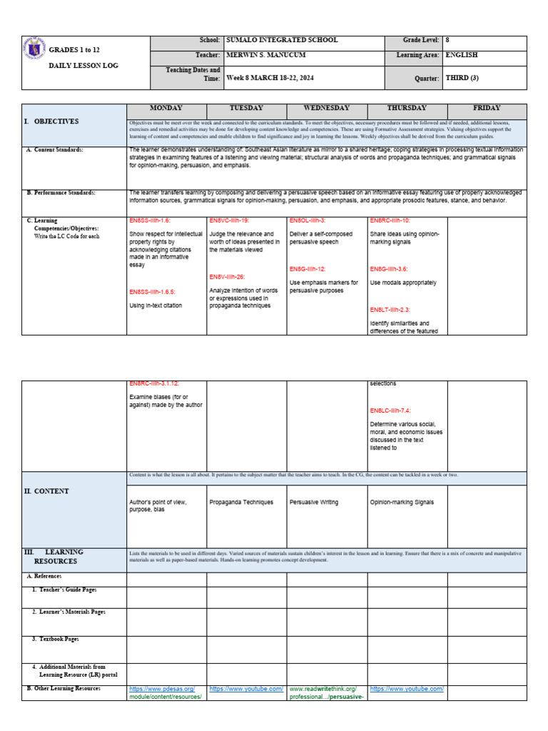 DLL Eng8 3RDQ 8W | PDF | Learning | Propaganda