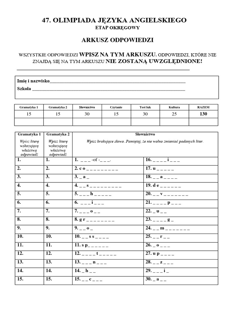 2 Etap Styczen 2023 Arkusz Odpowiedzi | PDF