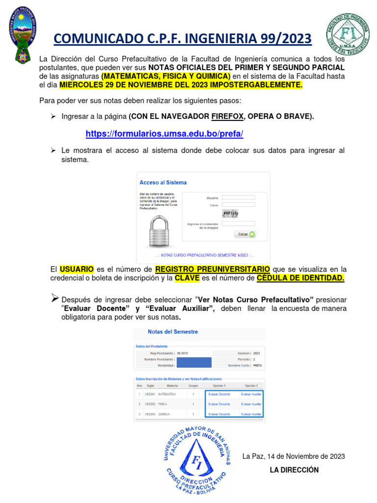 Comunicado 99 Notas Primer, Segundo Parcial y Evaluacion | PDF
