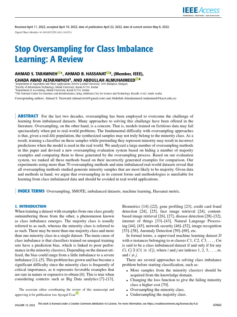 Stop Oversampling For Class Imbalance Learning - A Review (OJO) - AHMAD S. TARAWNEH, AHMAD B ...