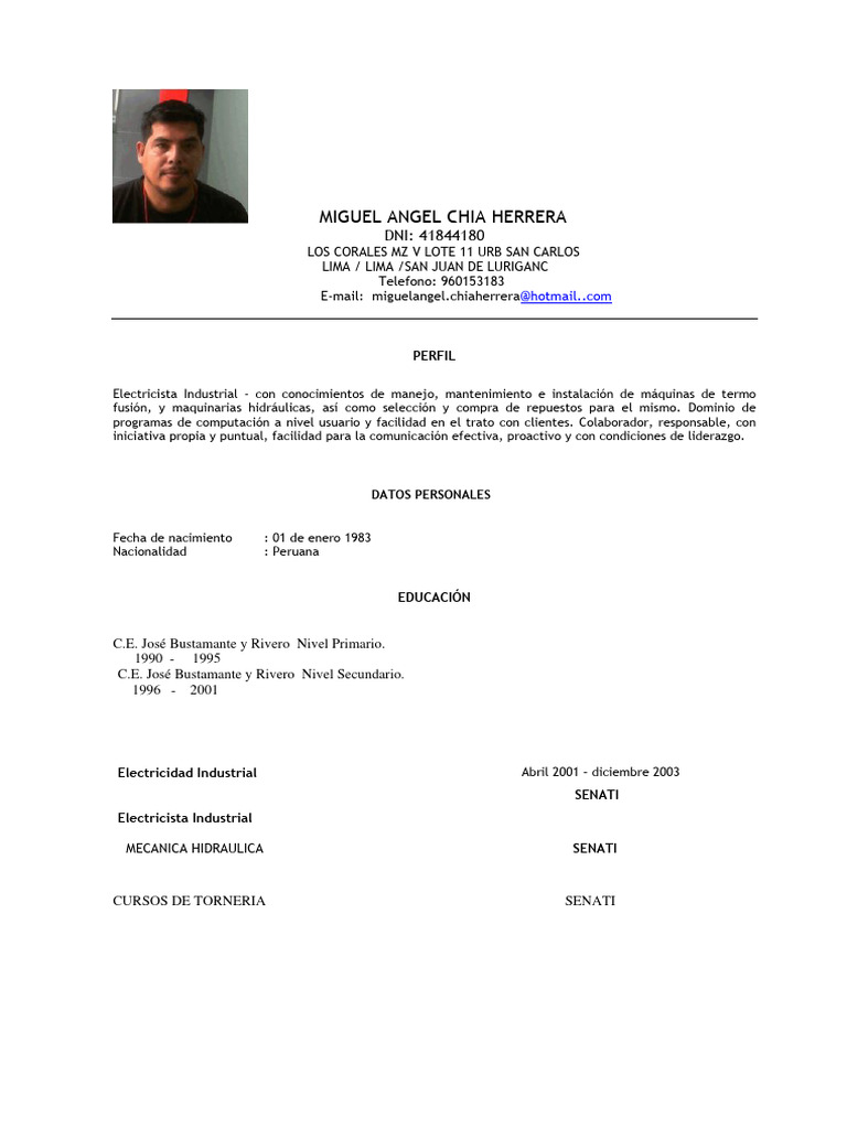 Curriculum Vitae Miguel Angel Chia Herrera | PDF | Ingeniería mecánica ...