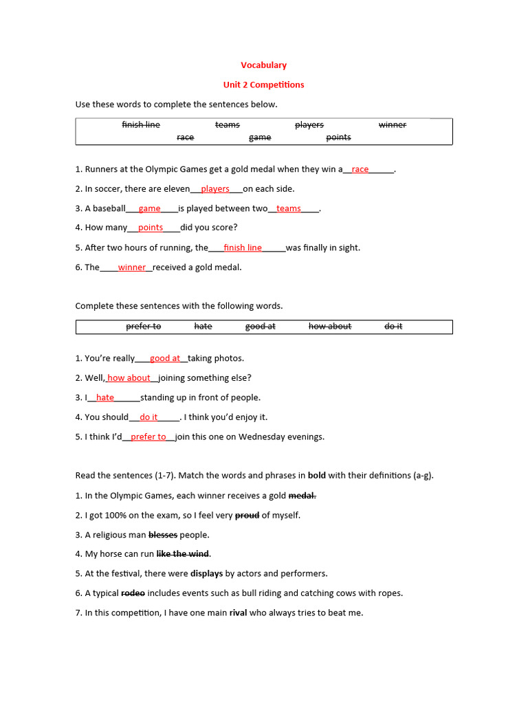 Vocabulary Unit 2: Competitions | PDF