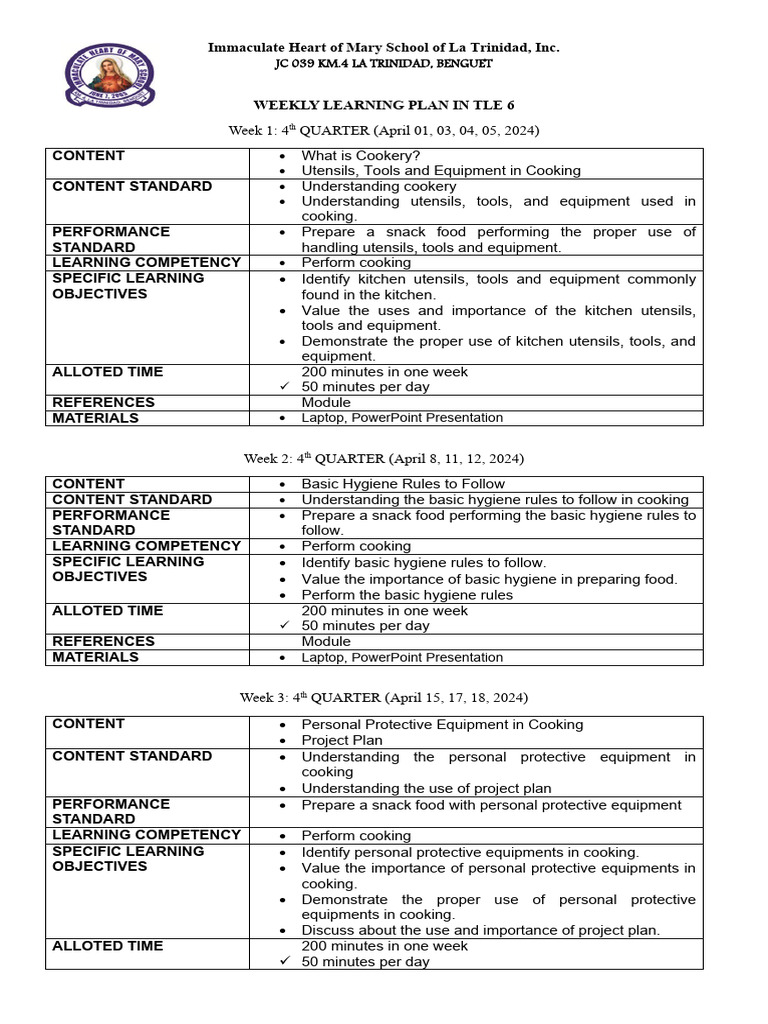 TLE Lesson Plan | PDF | Cooking | Kitchen Utensil