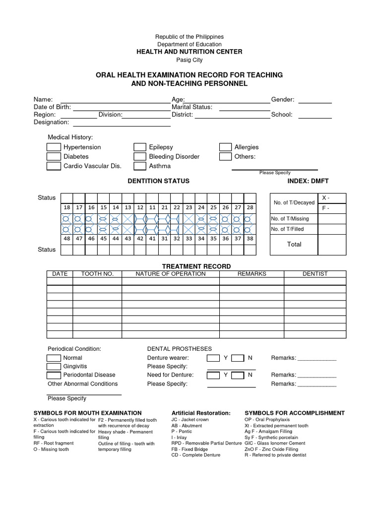 Oral Health Examination Record Template | PDF | Human Tooth | Dentistry