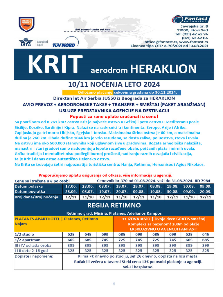 Cenovnik Krit Heraklion Leto 2024 | PDF