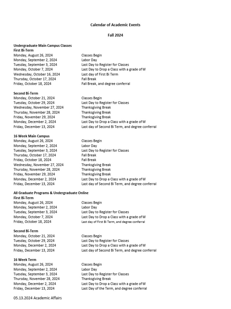 Academic Calendar Fall 2024 | PDF