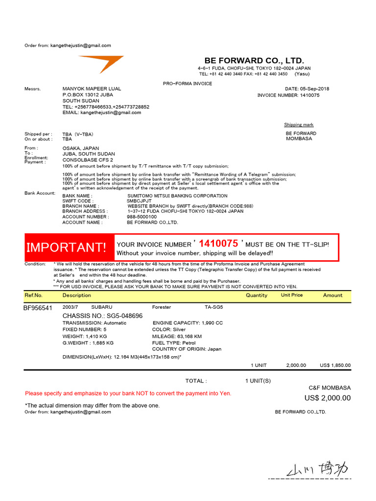 Proforma Invoice and Purchase Agreement No.1410075 Beforward | PDF ...