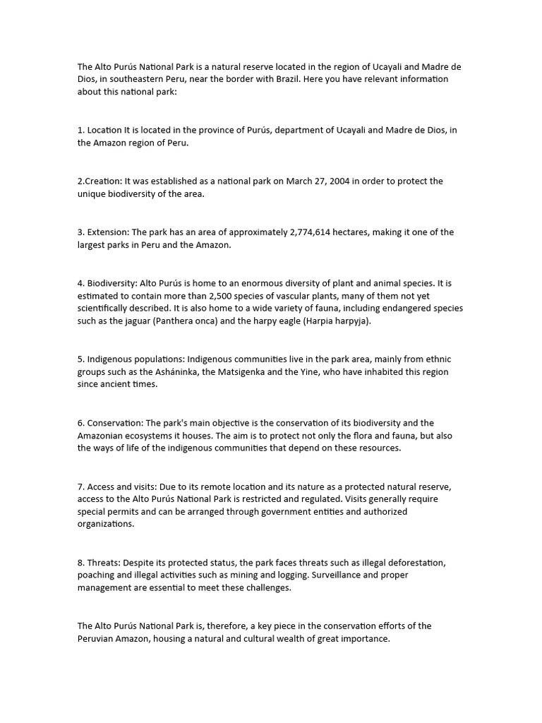 Parque Alto Purus | PDF | Conservación del medio ambiente | Entorno natural