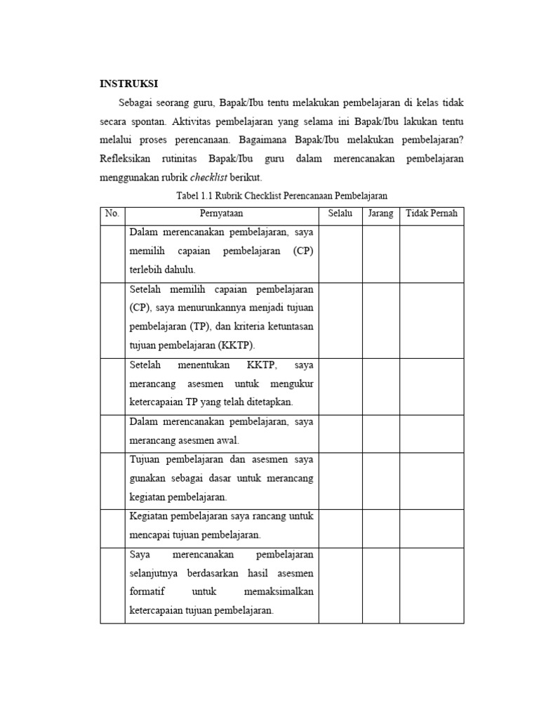 Instruksi: Tabel 1.1 Rubrik Checklist Perencanaan Pembelajaran No. Pernyataan Selalu Jarang ...