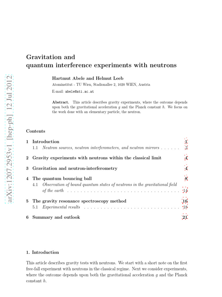 Gravitation and Quantum Interference Experiments With Neutrons | PDF ...