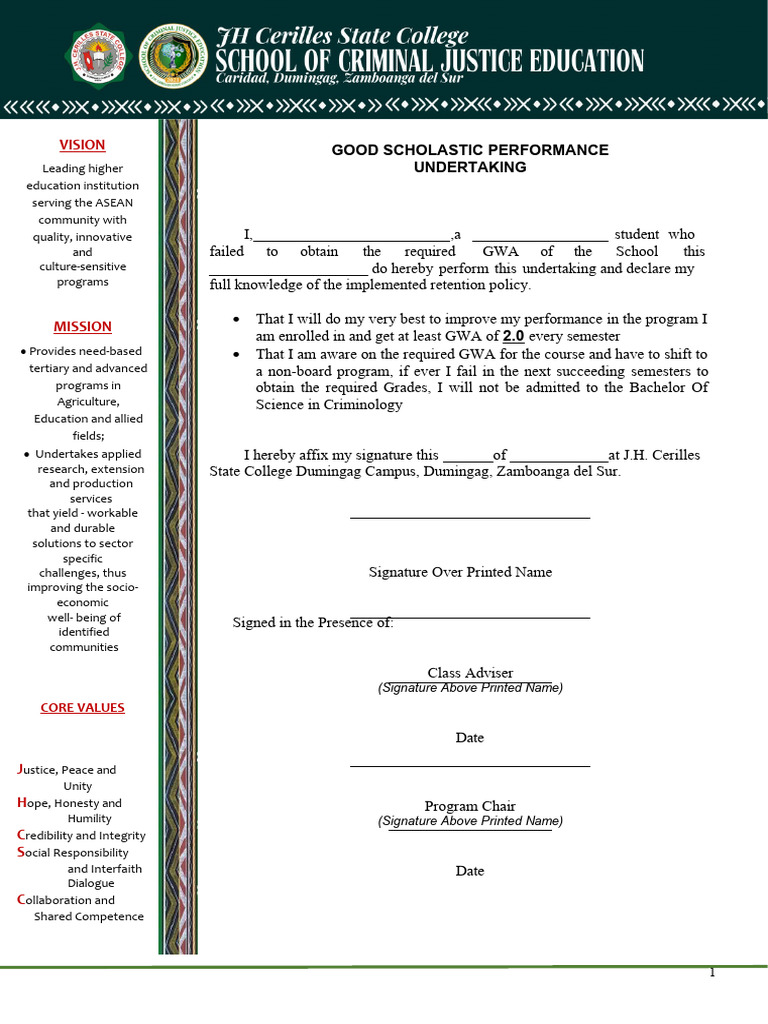 Crim Good Scholarship Performance Undertaking | PDF