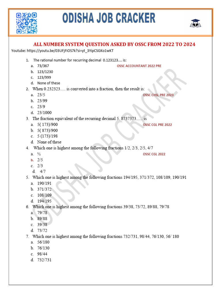 All Number System Questions | PDF | Division (Mathematics ...