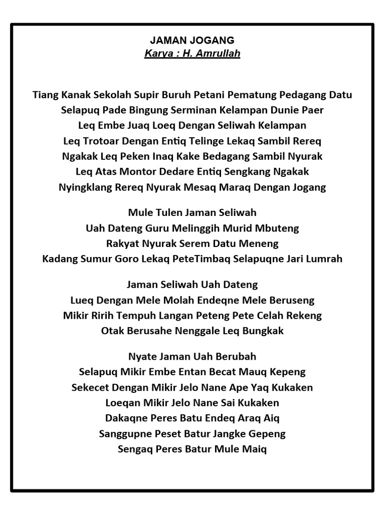 PUISI SASAK JAMAN JOGANG SMP Papi | PDF | Memasak, Makanan, & Anggur