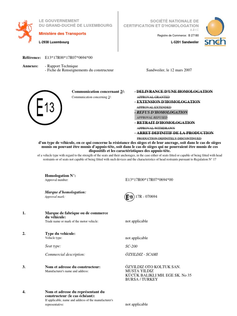 Homologation selon ECE R17 pour sièges | PDF | titres | Management de ...