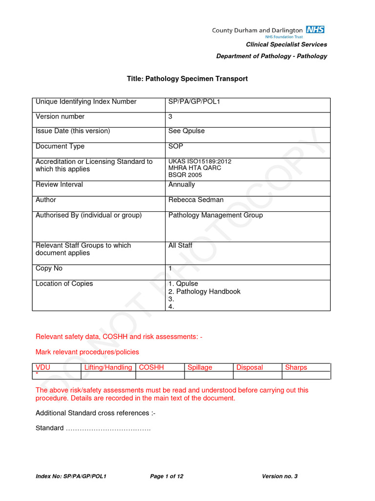 transport sop | PDF | Pathology | Laboratories