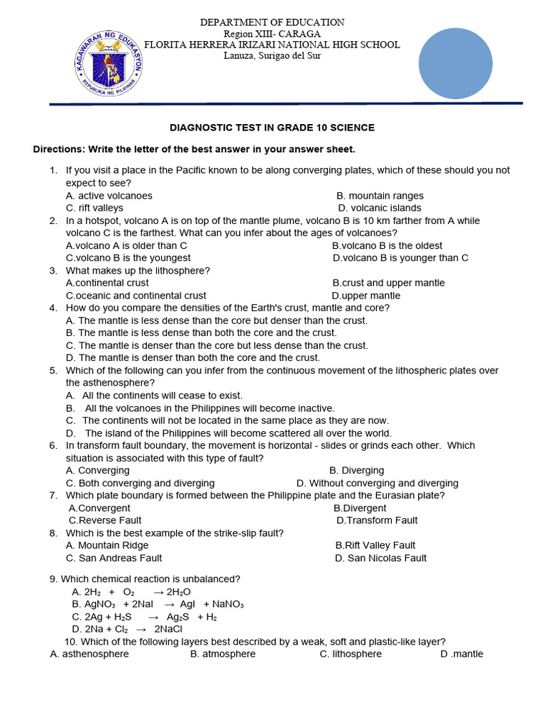 Grade 10 Science Diagnostic Test | PDF | Plate Tectonics | Translation ...
