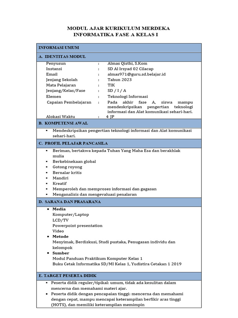 MODUL AJAR KELAS 1 Semester 1 | PDF