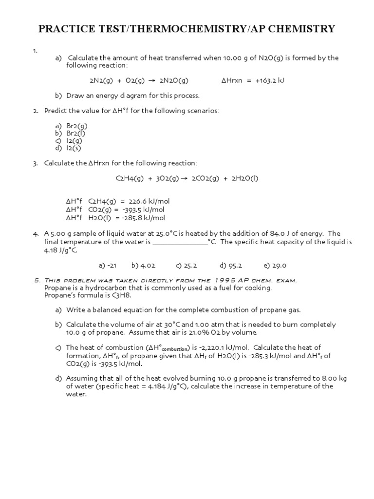 Practice Test/Thermochemistry/Ap Chemistry: Combustion F F F | Download ...