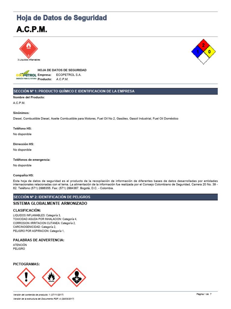 Hoja Seguridad ACPM | PDF | Química