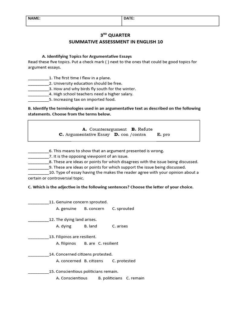 Q3 Summative Test Grade 10 | PDF | Essays