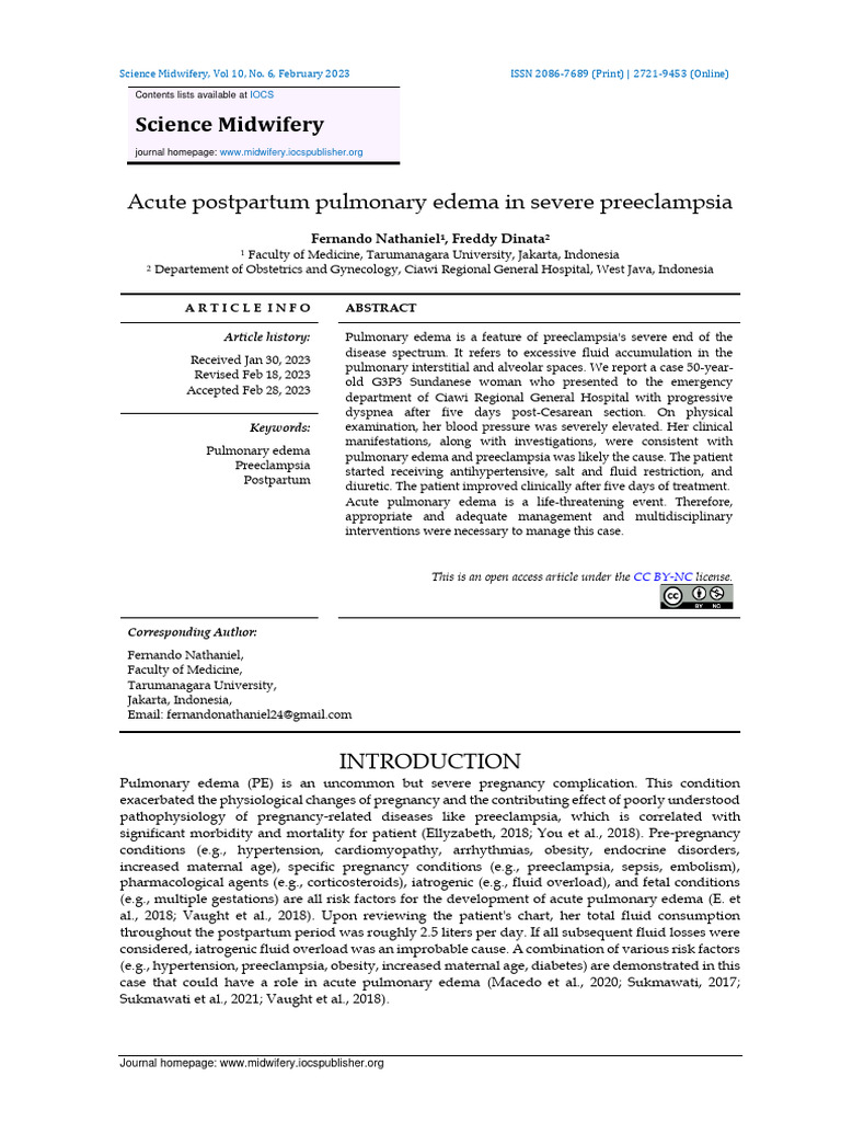 Acute Postpartum Pulmonary Edema in Severe Preeclampsia | PDF ...