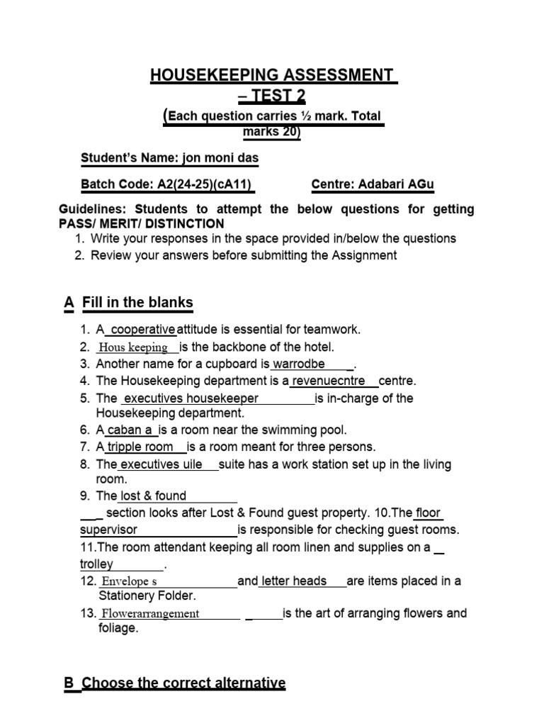 HOUSEKEEPING ASSESSMENT TEST (1) | PDF | Housekeeping | Hygiene