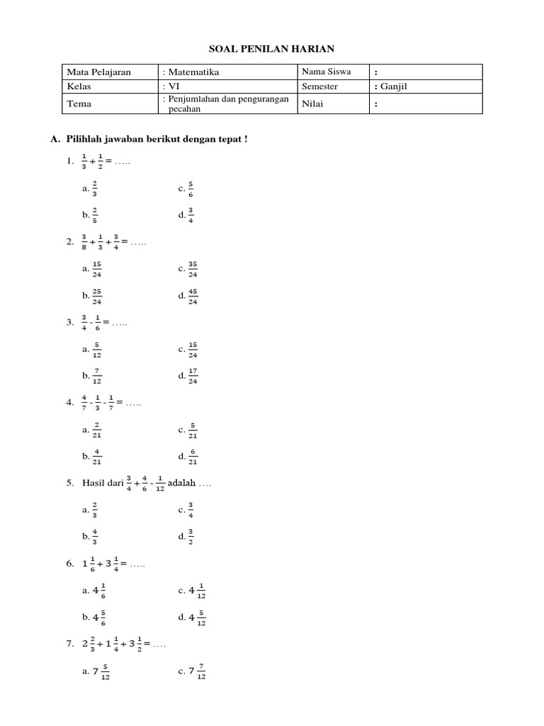 Soal PH 1 MTK K5 K13 Penjumlahan Dan Pengurangan Pecahan | PDF | Metode & Bahan Ajar