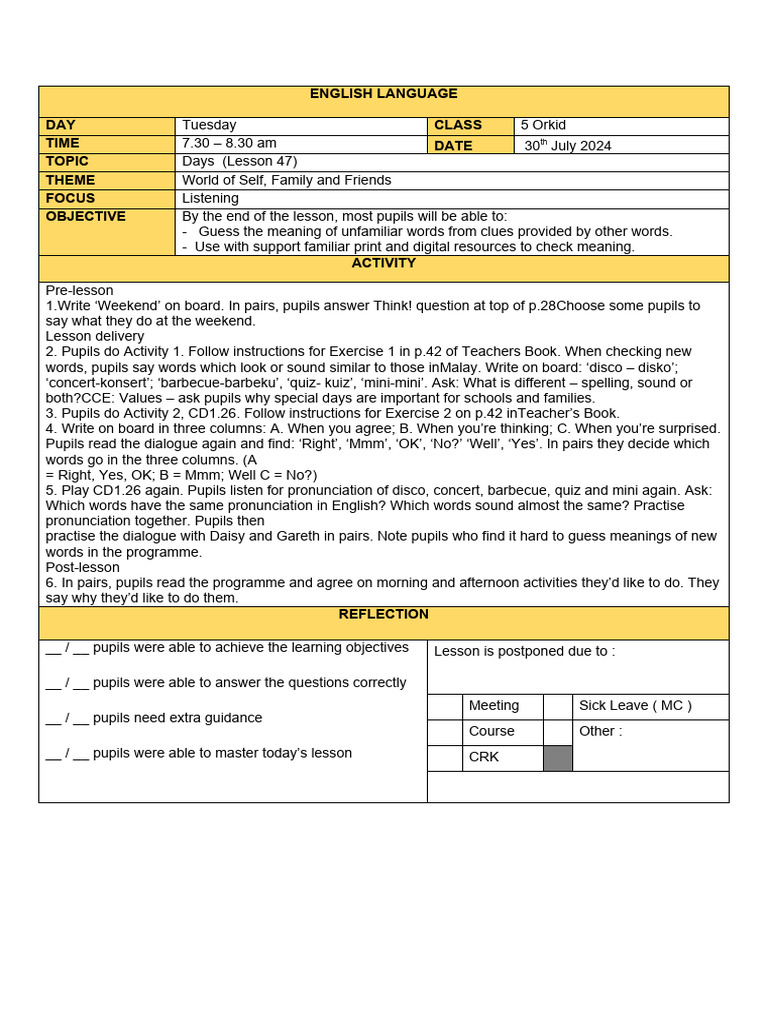 RPH ENGLISH YEAR 5 DAYS | PDF | English Language | Cognition