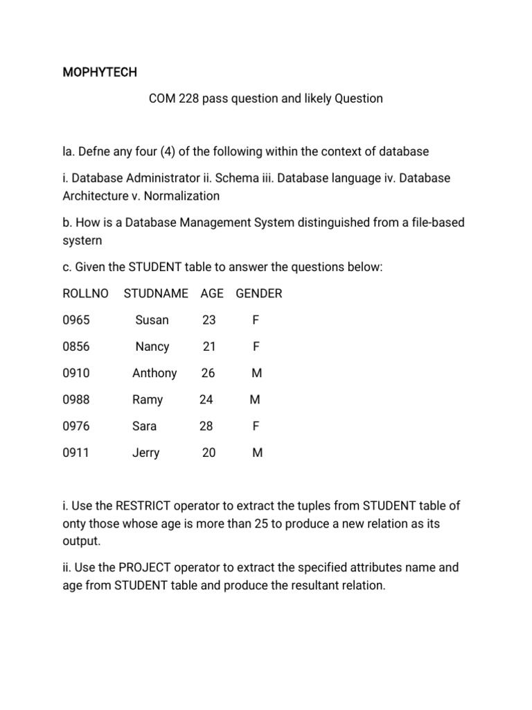 COM 228 (Ques. & Ans) | PDF | Databases | Relational Database