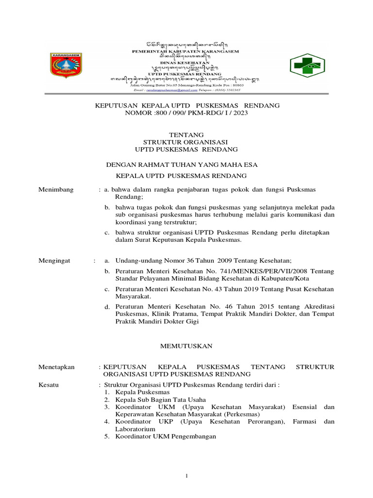 Bab 1 SK Struktur Organisasi Uptd Puskesmas Rendang-1 | PDF