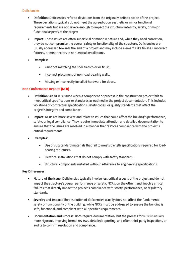 Deficiencies vs. NCR in Construction | PDF | Safety | Specification ...
