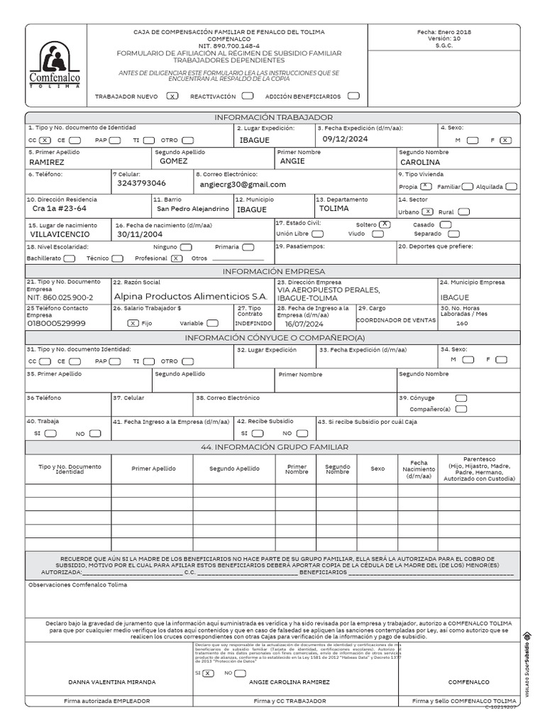 Formulario COMFENALCO.pdf | PDF | Documento de identidad | Instituciones sociales